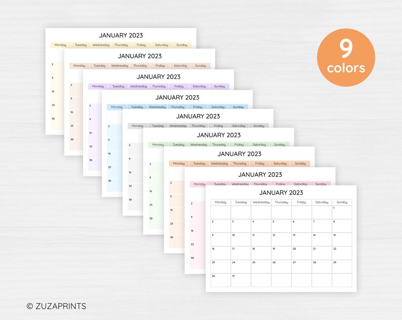 Printable 2023 Monthly Calendar 9 Different Color Variations - Etsy