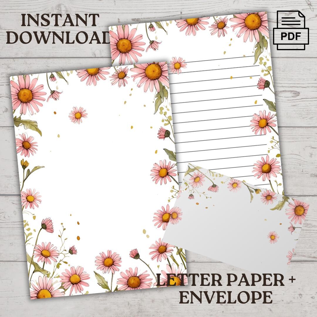 Pink Daisies Stationery: Floral Letter Paper & Envelope (digital ...