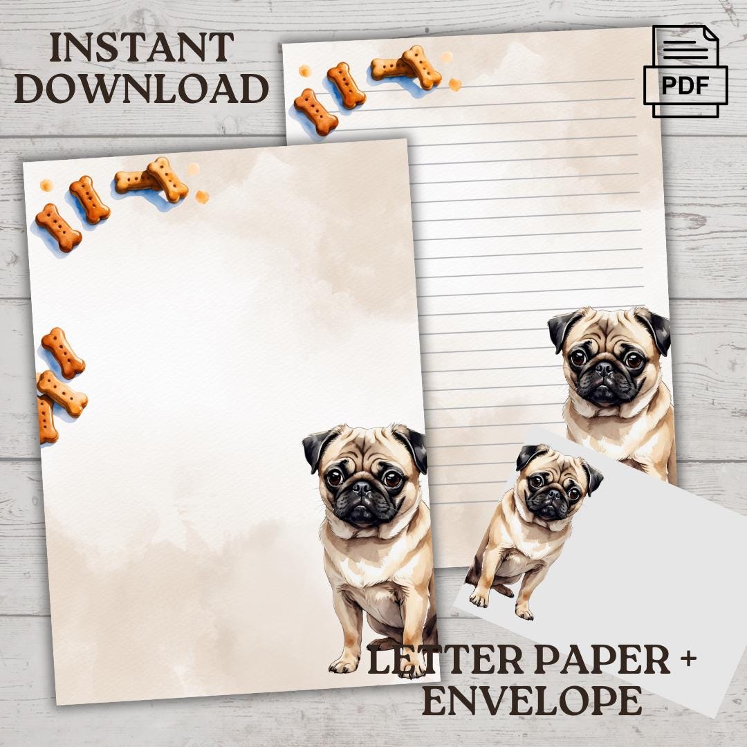 Adorable Pug Letter Paper - Printable Dog Stationery Set - Writing ...