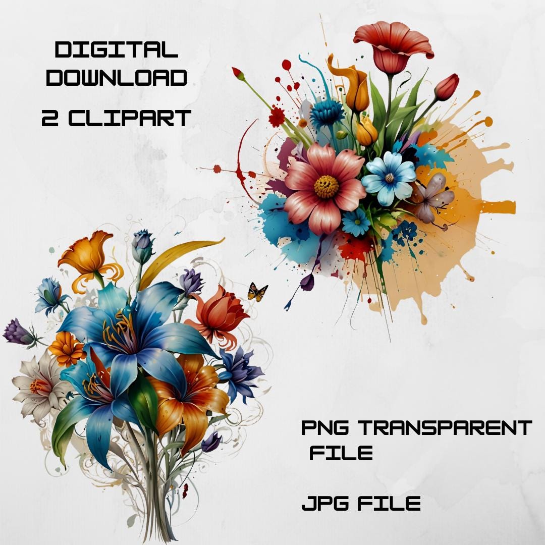 Bouquet Flowers 2 Clipart Set - PNG Transparent Files - Jpgs - 300 DPI ...