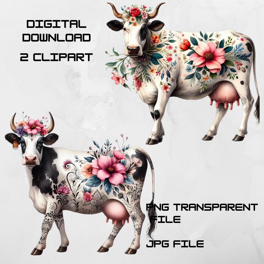 Fancy Cow With Flowers, Illustration Clipart Set, 2 Unique Digital ...