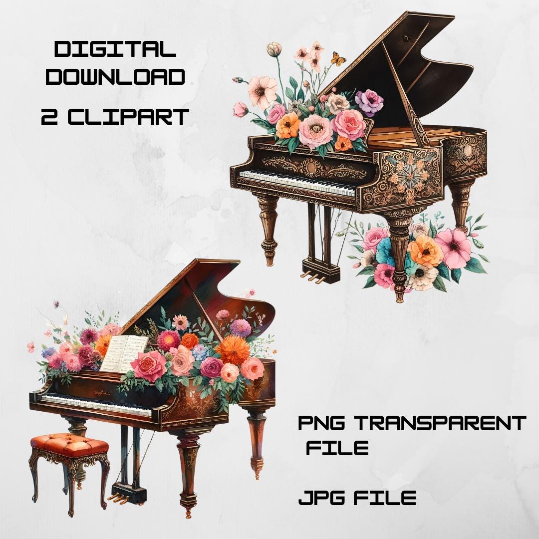 Piano With Flowers Clipart Set - 2 Unique Digital Downloads - PNG ...