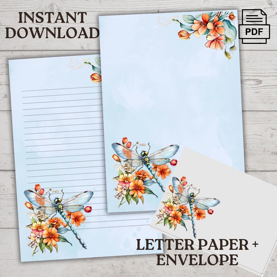 Dragonfly Stationery Set: Floral Letter & Note Paper, Envelope ...