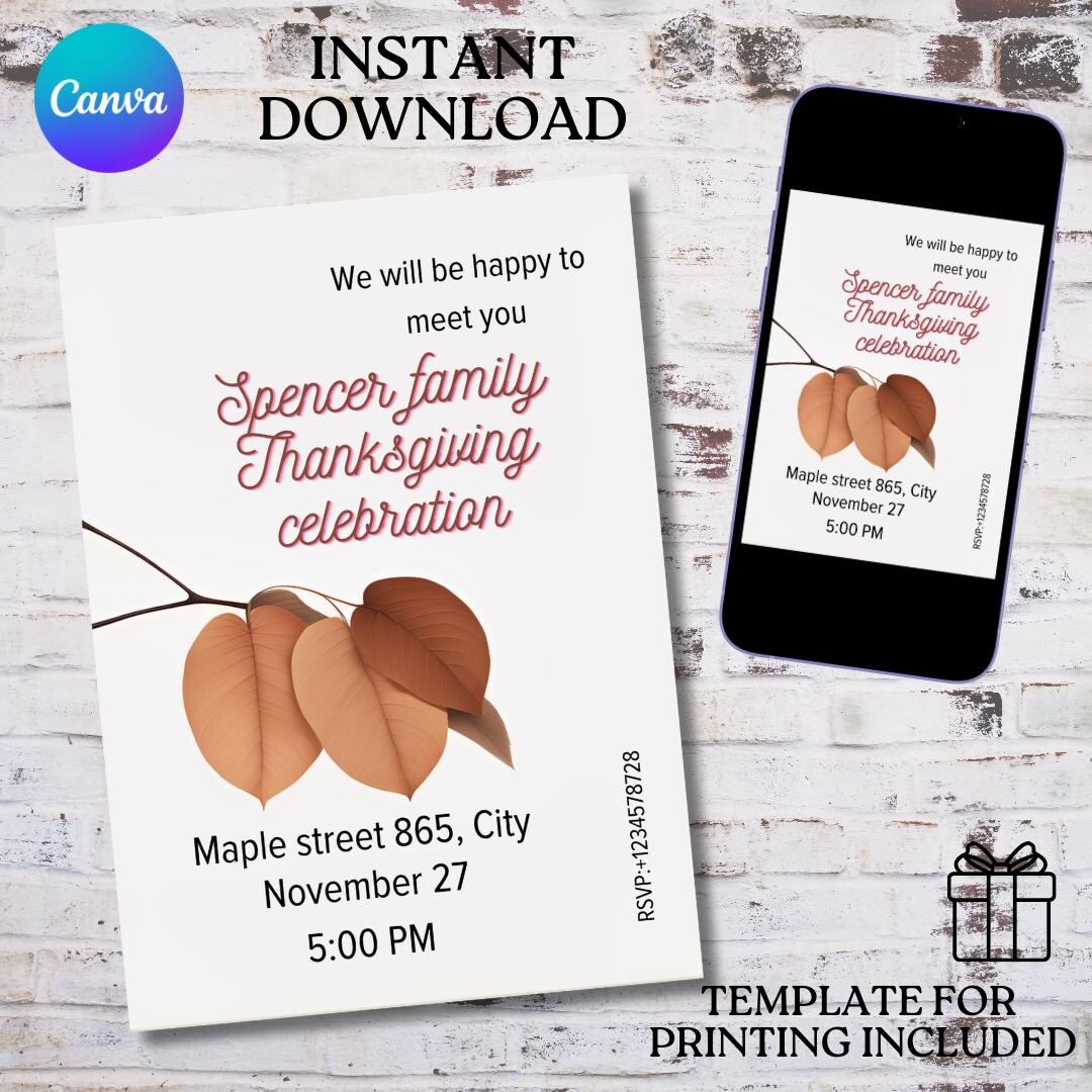 Thanksgiving Invitation Editable Digital 5x7 Card or Mobile Template ...