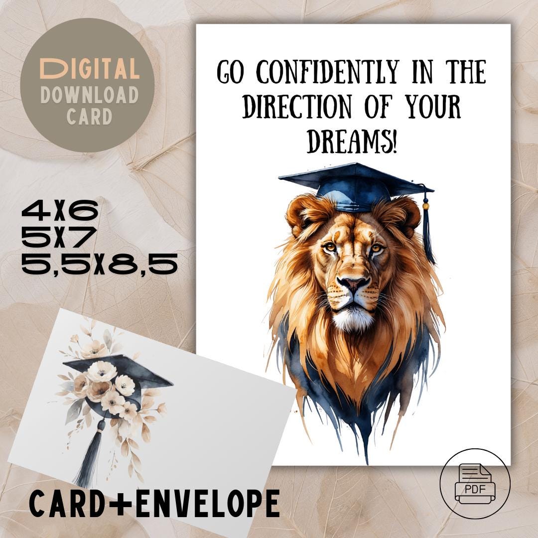 Lion Graduation Card: Motivational Quote, Cap Illustration (digital ...