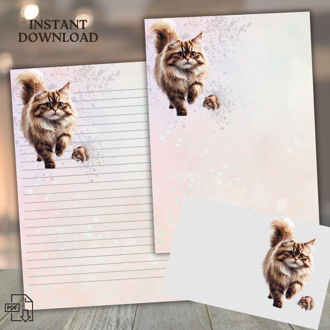 Fluffy Cat With Mouse, Printable Writing Paper - A4 and US Size ...