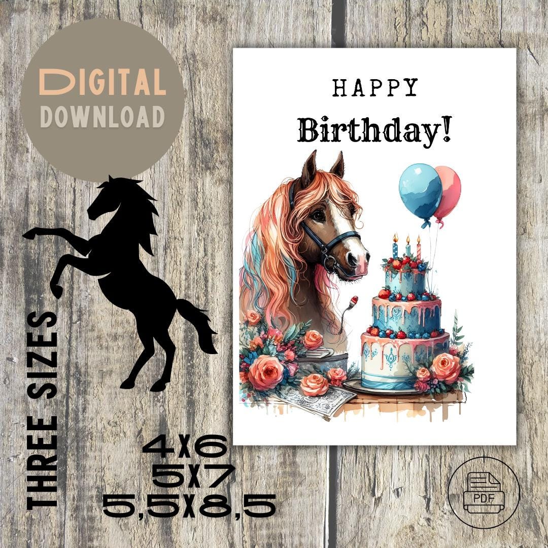 Colorful Horse Birthday Card - PDF Instant Download, 3 Sizes + Gift ...