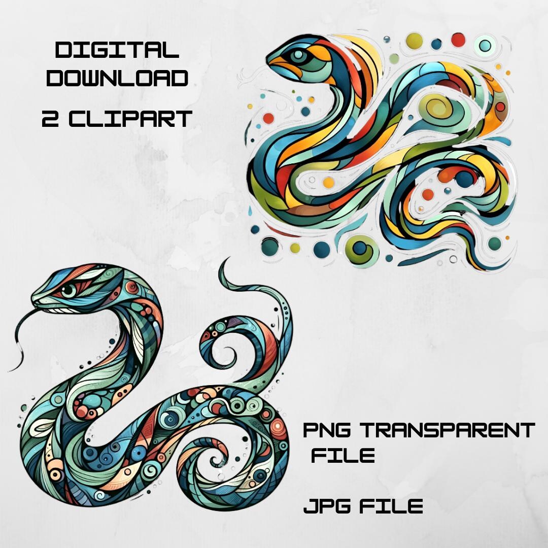 2 Colorful Snake Pablo Picasso Style Clip Art,abstract Design, Perfect ...