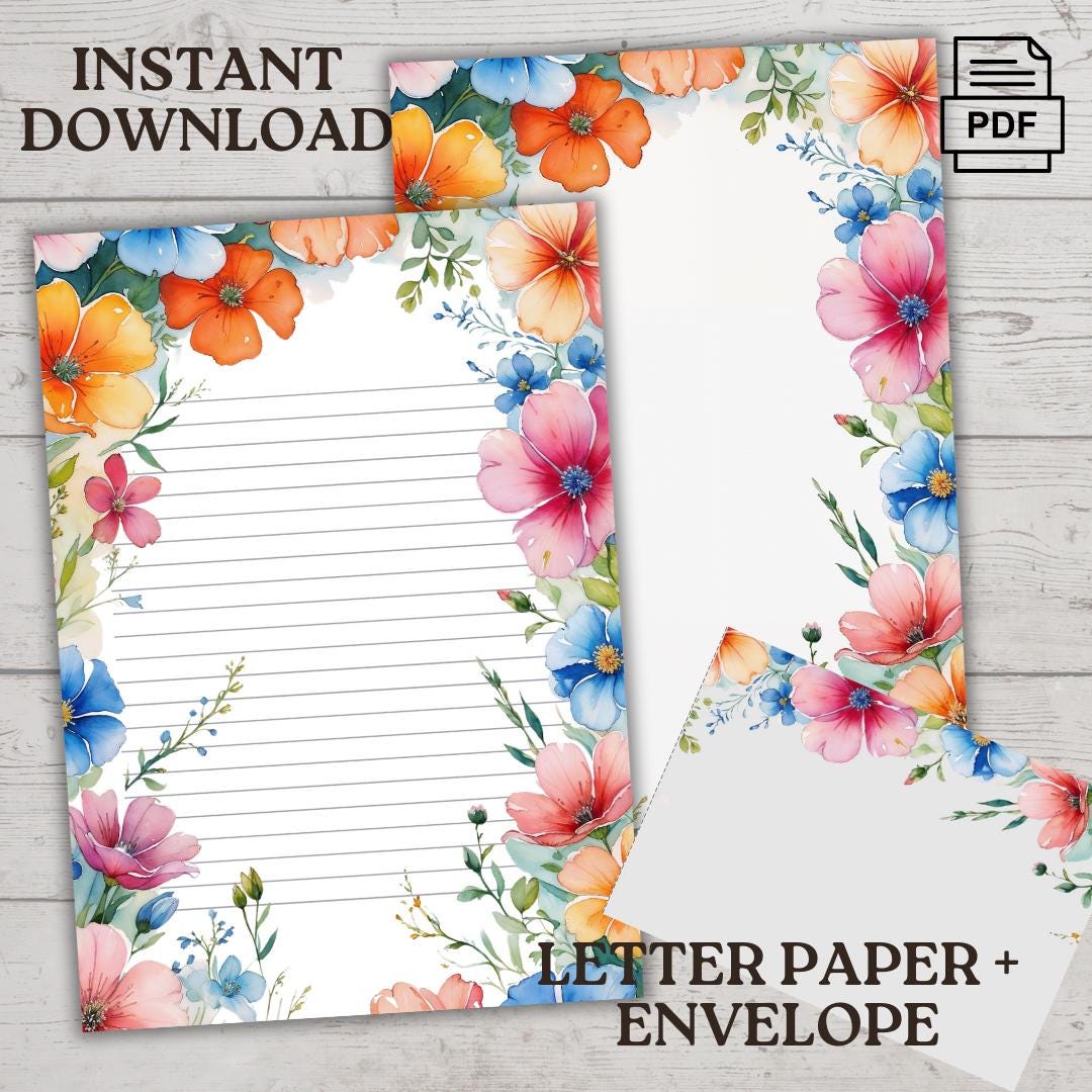 Large Colorful Flowers Letter Writing Set - Instant Download PDF ...