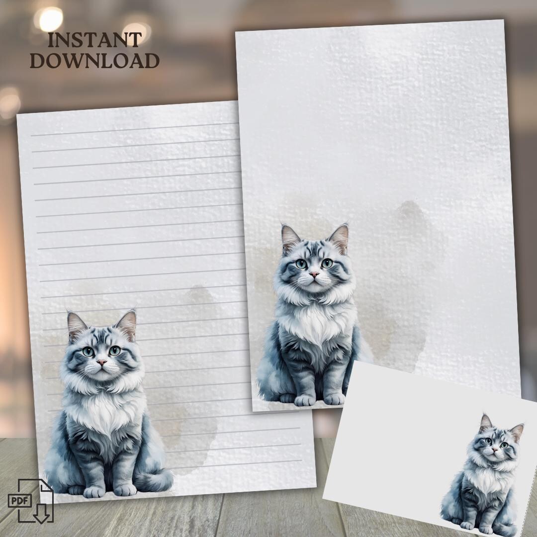 Fluffy Grey Tabby Cat Letter Paper – Printable Lined & Unlined ...