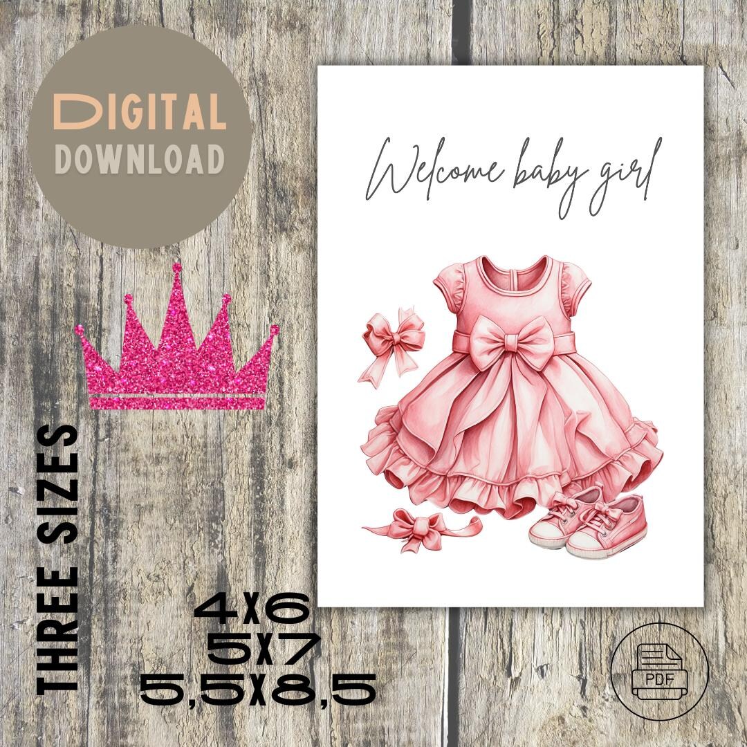 Baby Girl Welcome Card Digital Download Pink Bow Design Printable 4x6 ...