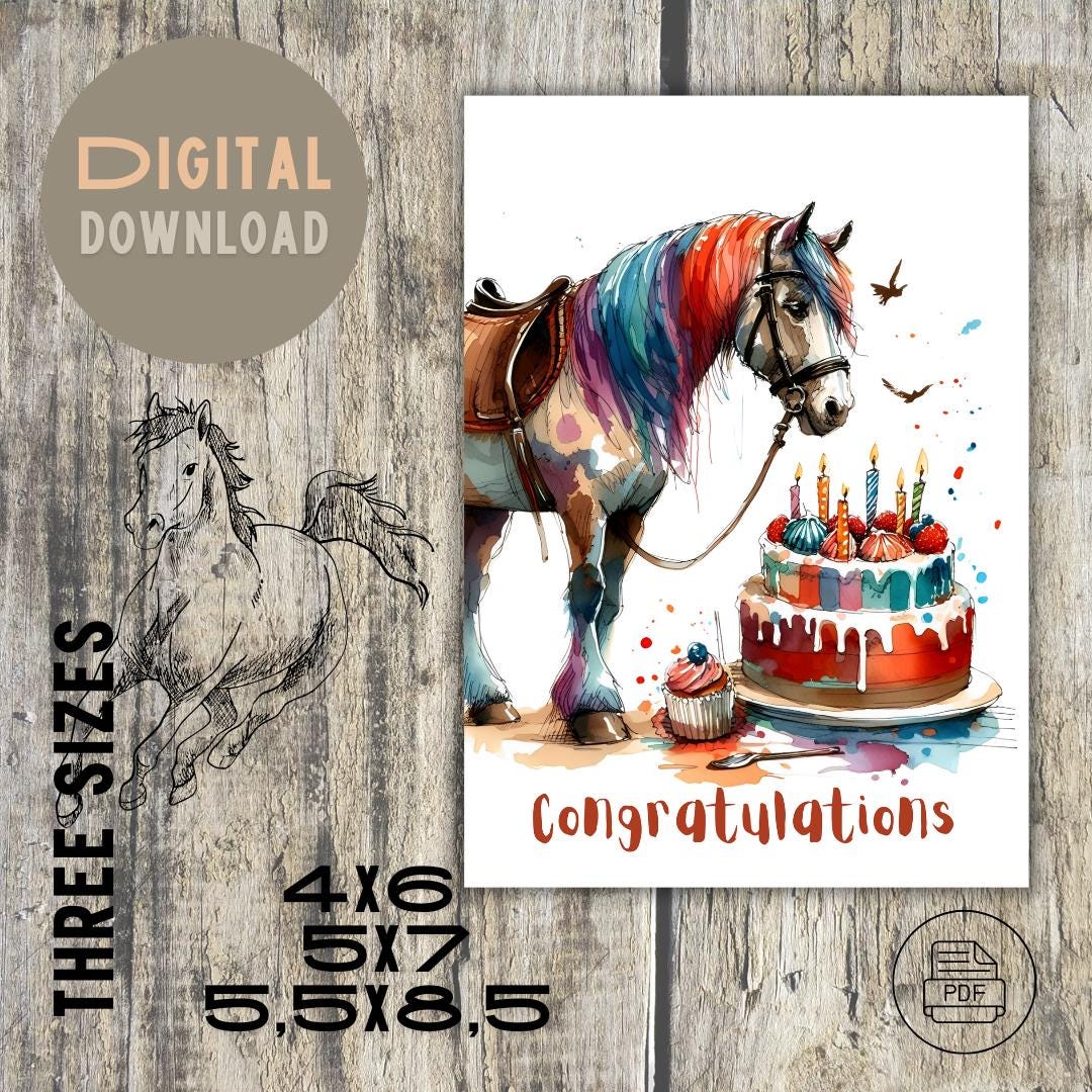 Rainbow Horse Birthday Card - Printable PDF, 3 Sizes & Matching ...