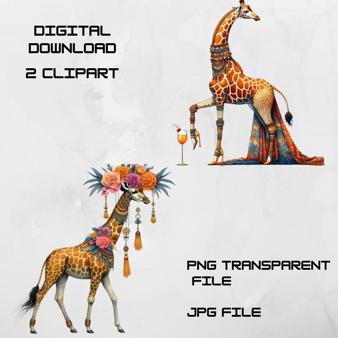 Fancy Giraffe Illustration Clipart Set - 2 Unique Digital Downloads ...