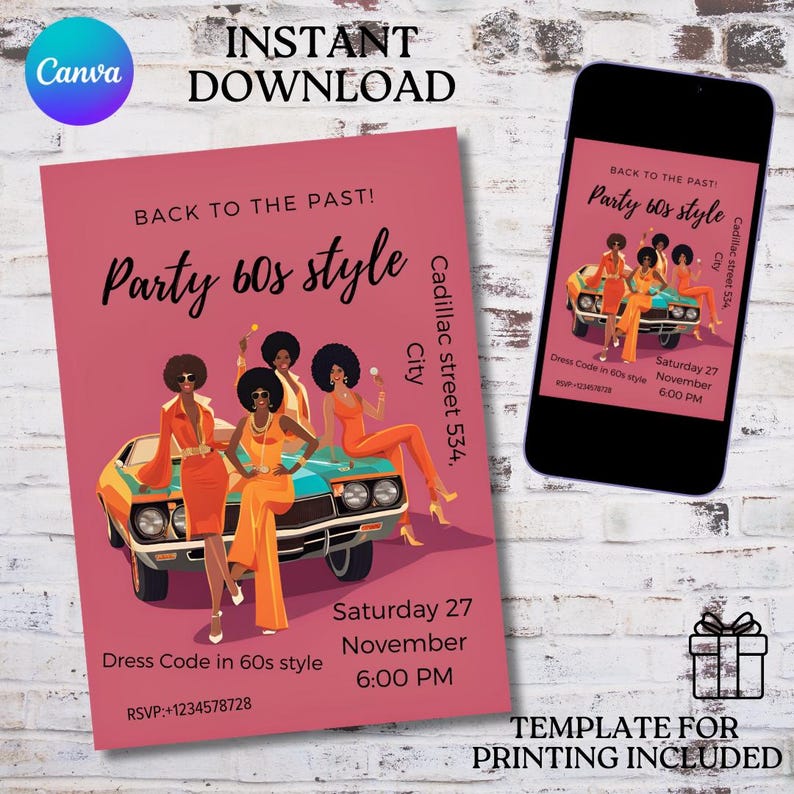 Retro 60s Party Invitation: Editable Template (digital Download) - Etsy
