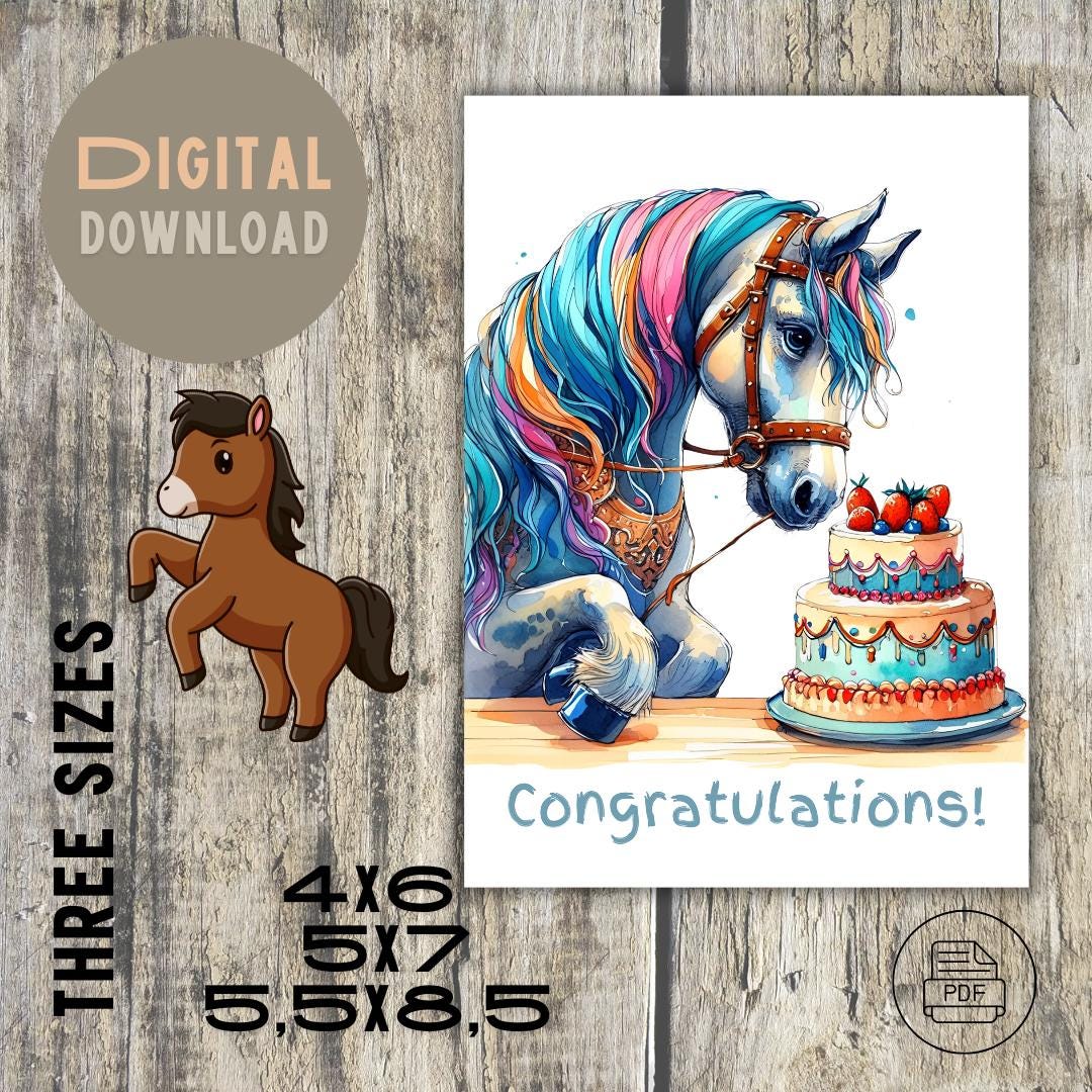 Cute Horse Birthday Card - PDF Instant Download, 3 Sizes + Gift ...