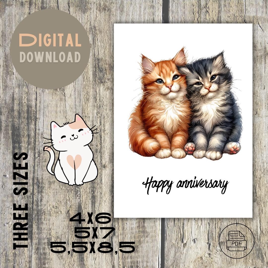 Cute Cats Anniversary Card - Digital PDF Download, 4x6 & 5x7, 5.5x8.5 ...
