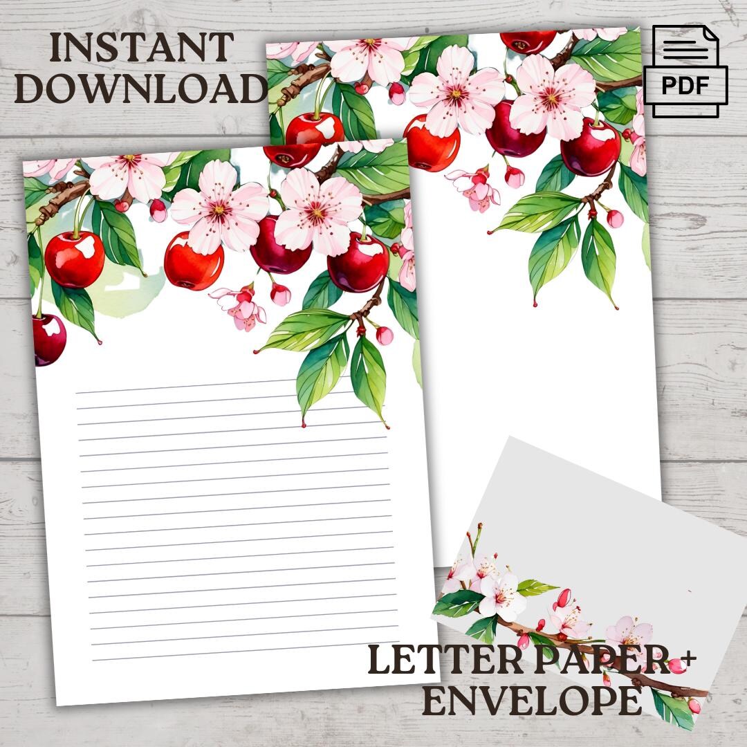 Red Cherry, Cherry Blossom Writing Paper - Instant Download PDF - Lined ...