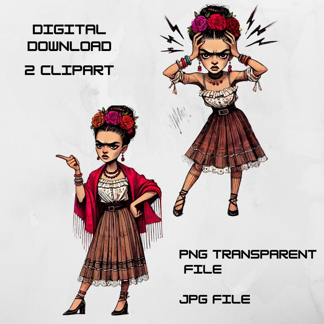 Little Angry Frida Kahlo Style Girl, Clipart Set - 2 Unique Digital ...