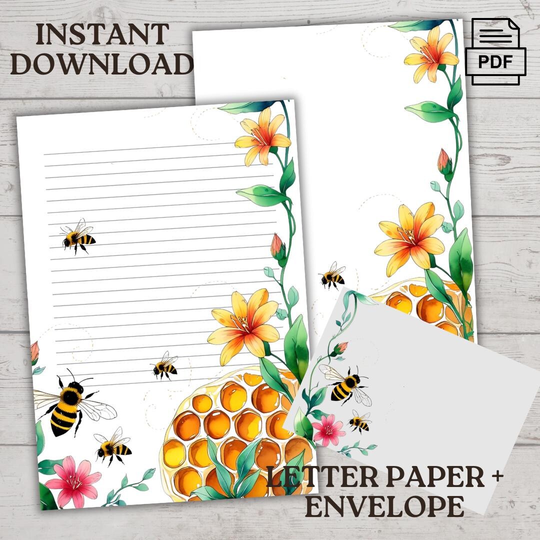 Honey Bee Stationery Set: Lined & Unlined Paper, Envelope (PDF Download ...