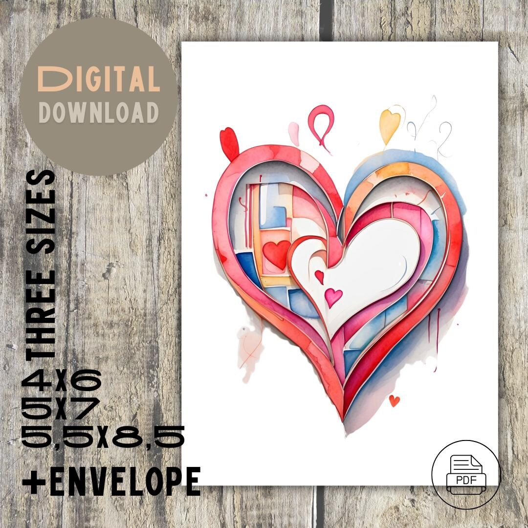 Layered Heart Valentine Card | Printable Greeting in 3 Sizes (4x6, 5x7 ...