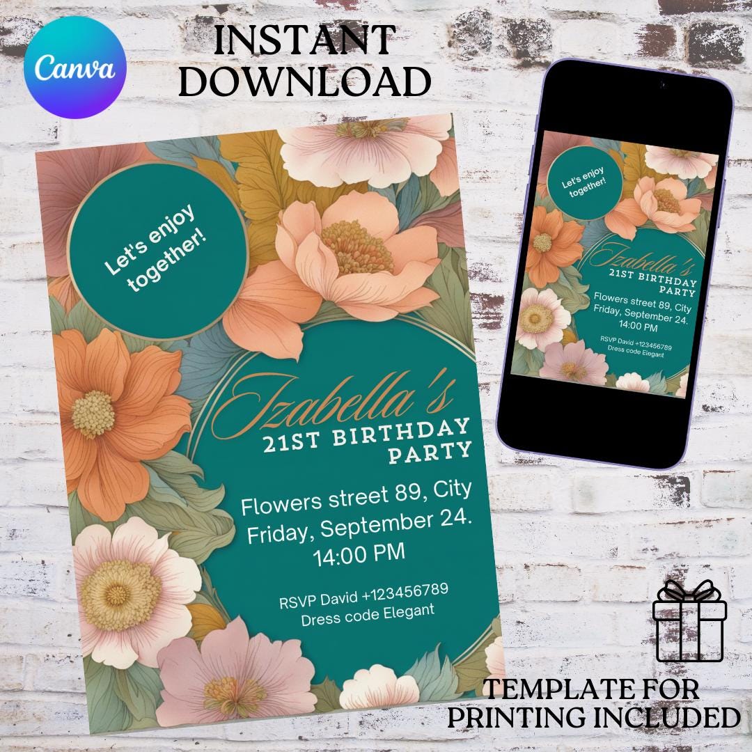 Instant Download Flower Party Invitation - Editable Card for Elegant ...
