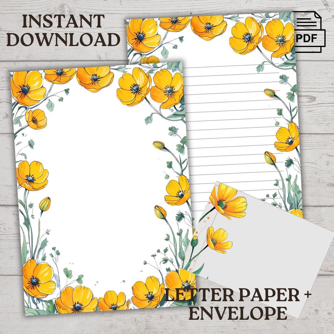 Yellow Buttercup Printable Stationery - Digital Download, US Letter ...