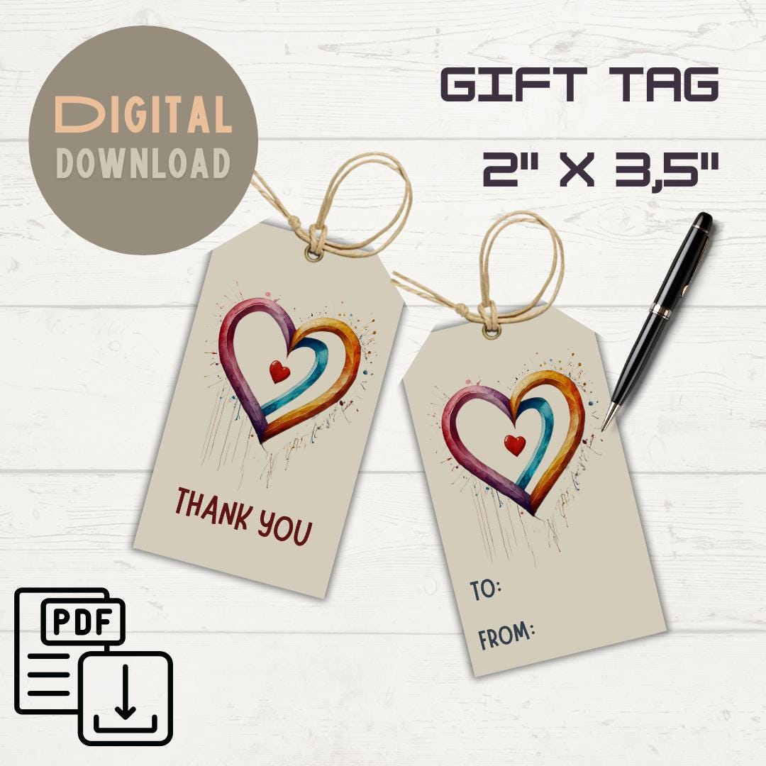 Printable Gift Tag, Thank You, Instant Download, Artistic Heart, Two ...