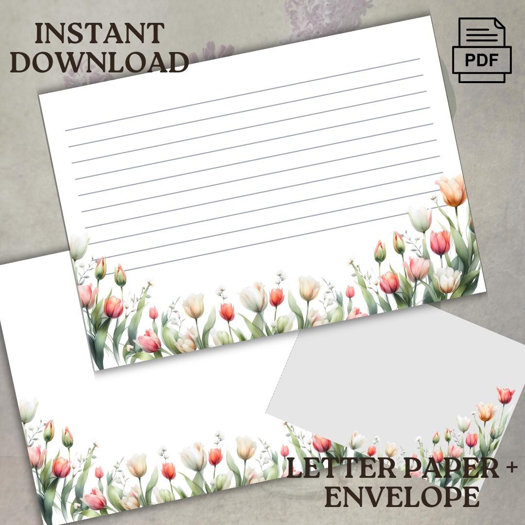 Spring Tulips Printable Floral Letter Writing Paper Set, Instant ...