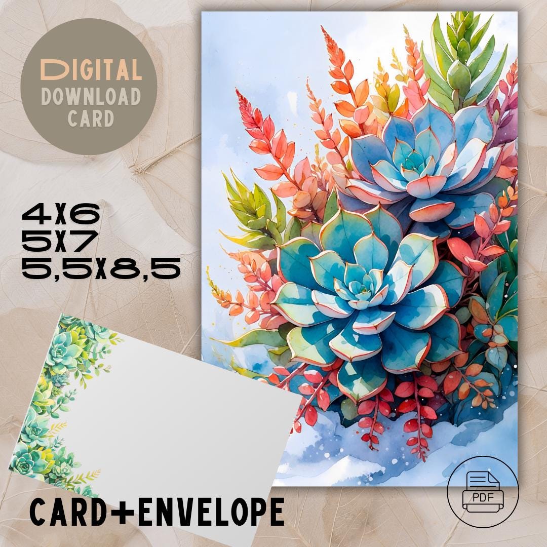 Digital Succulent Card | Colorful Watercolor | Printable Greeting Card ...