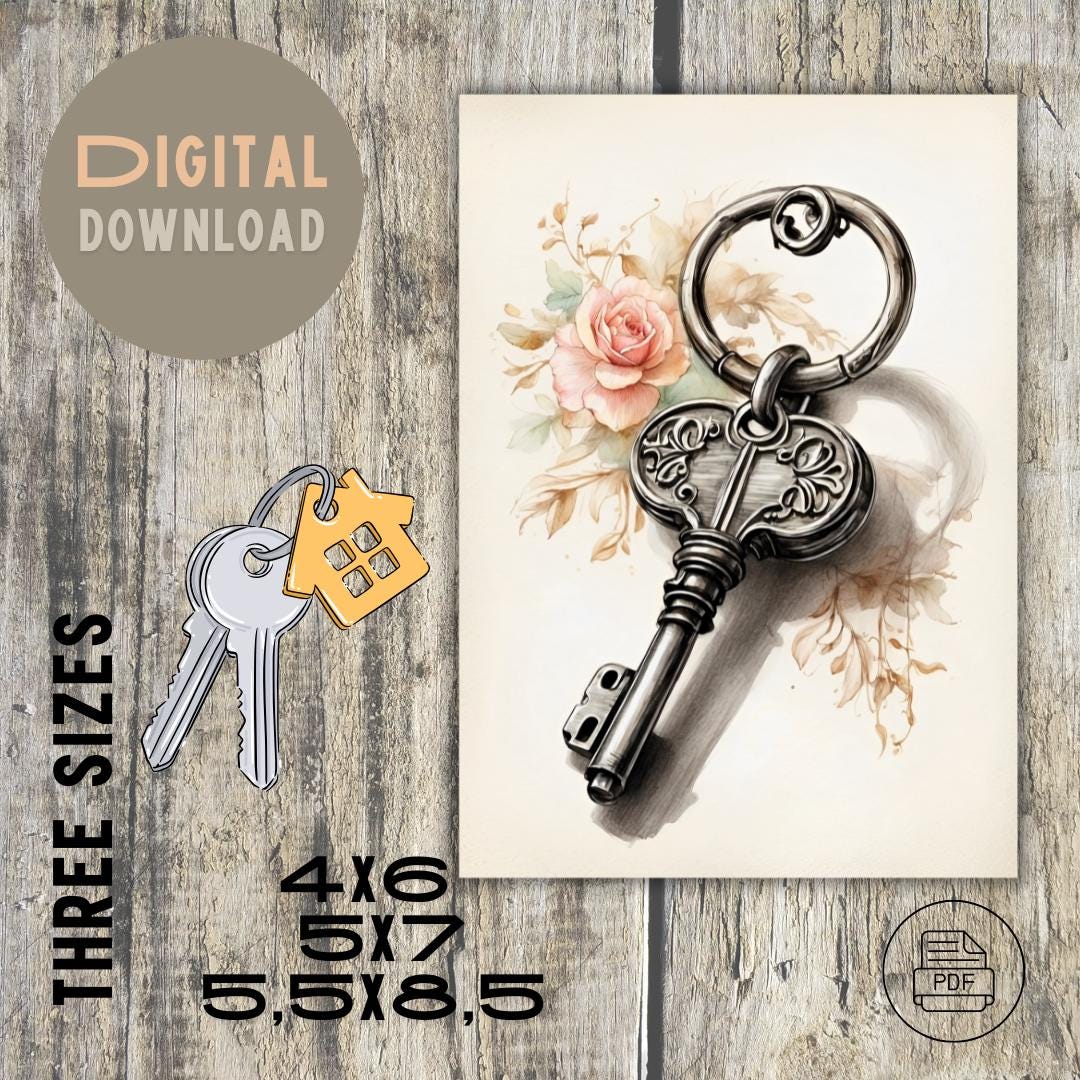 Housewarming Key and Roses Greeting Card - Instant Printable, Various ...