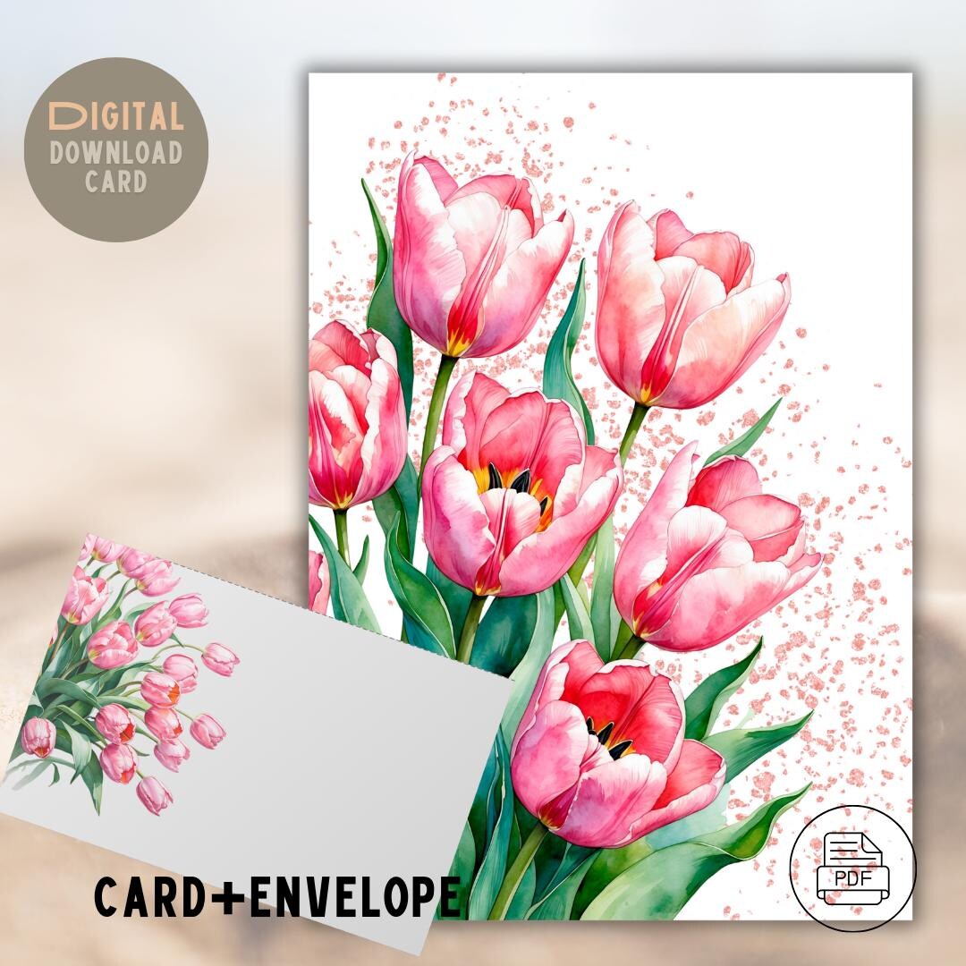 Watercolor Pink Tulip Bouquet Card: Printable Spring Stationery ...