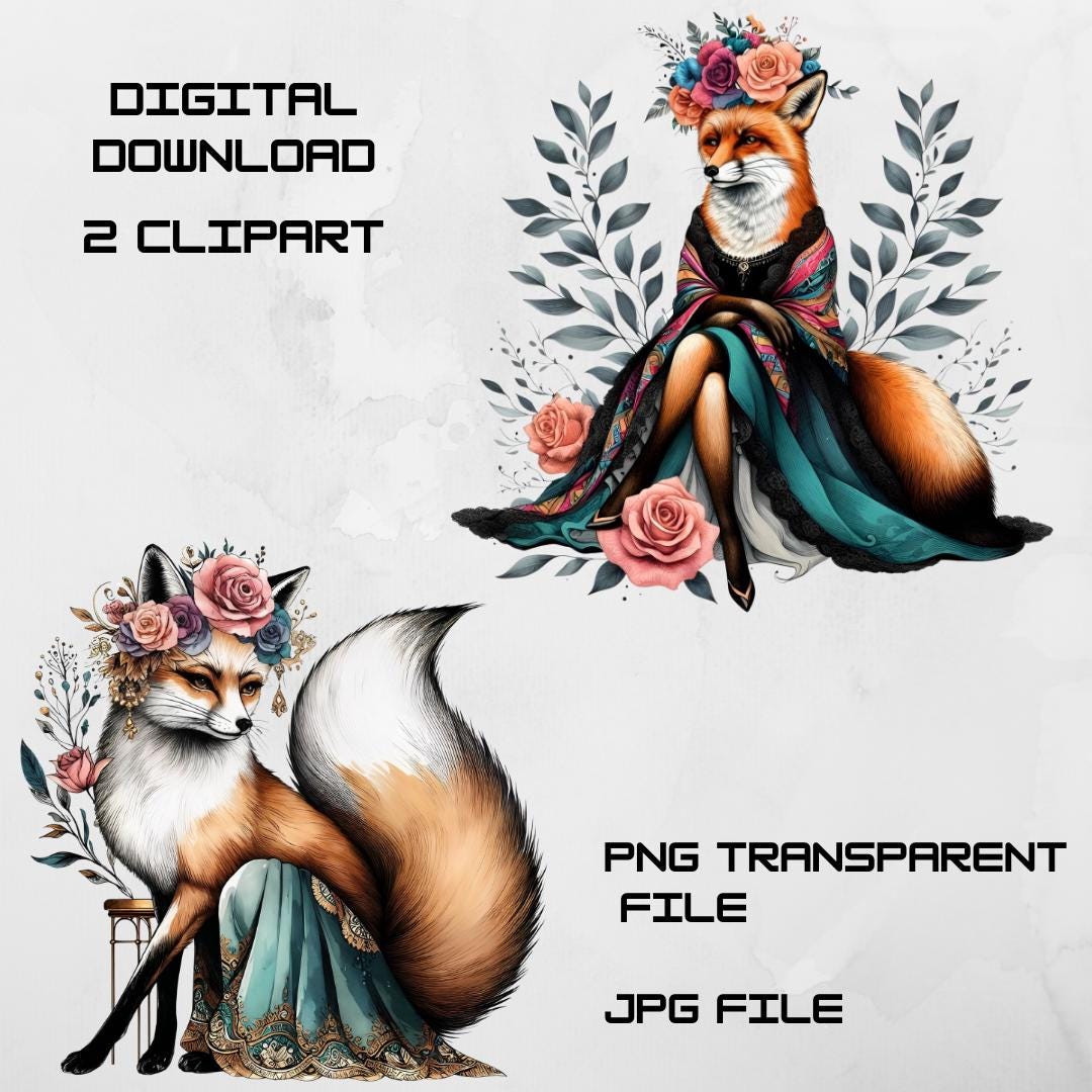 Fancy Elegant Fox Illustration Clipart Set, 2 Unique Digital Downloads ...