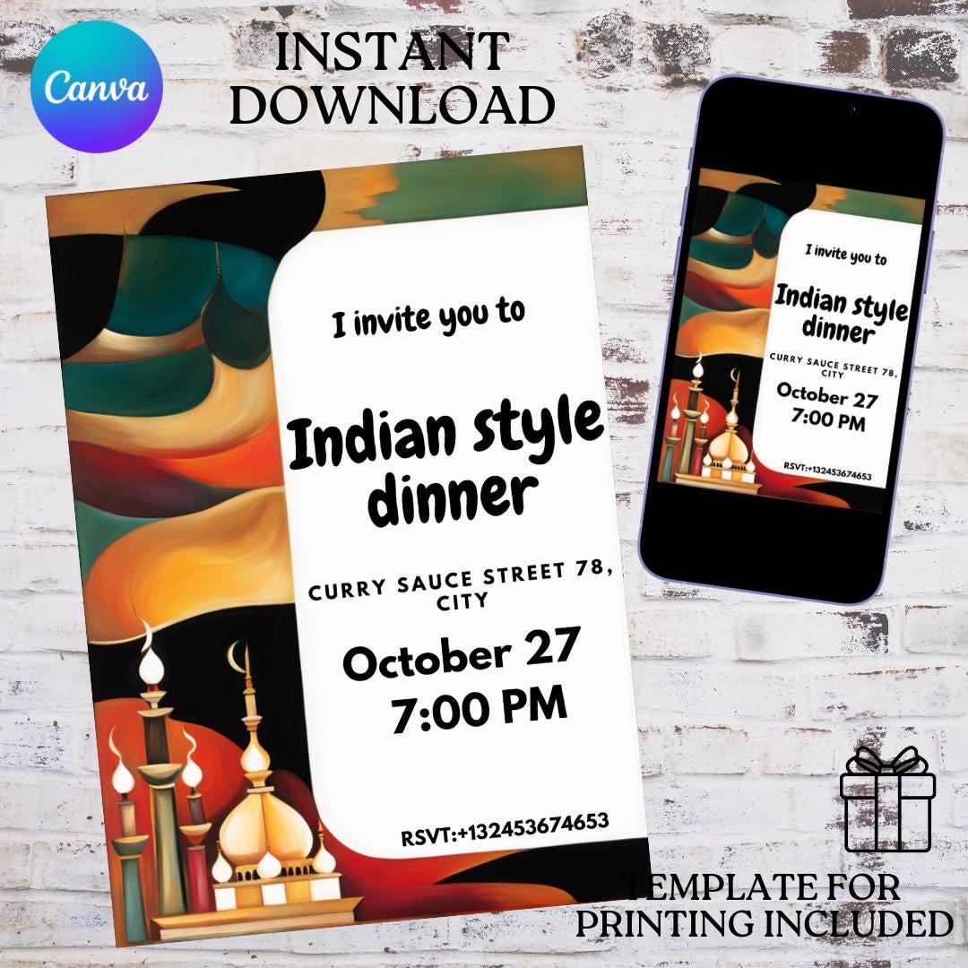 Indian Themed Diner/party Invitation, Editable 5x7 Card - Mobile ...