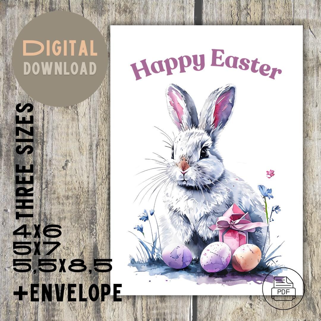 Cute Bunny Greeting Card - Download & Print at Home - Easter Bunny Card ...