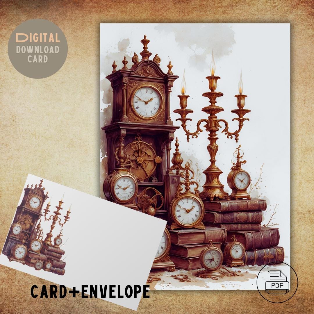 Clocks Antique Greeting Card | Printable Vintage Card With Envelope ...