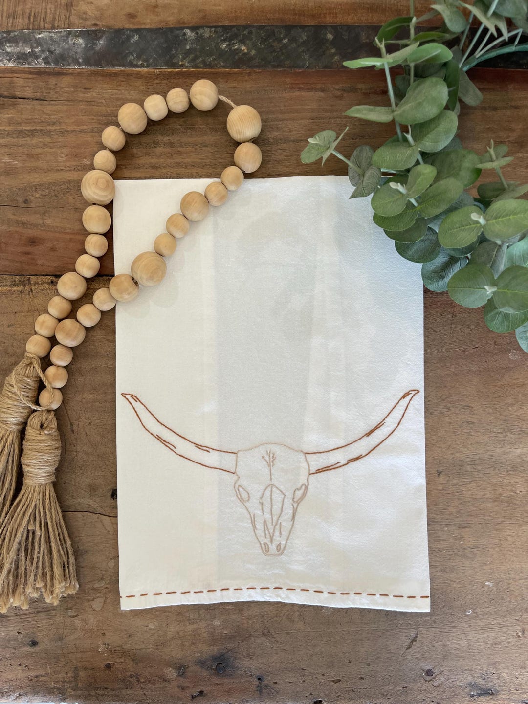 Bull Skull Hand Embroidered Towel, Cow Skull Kitchen Towel, Flour Sack ...