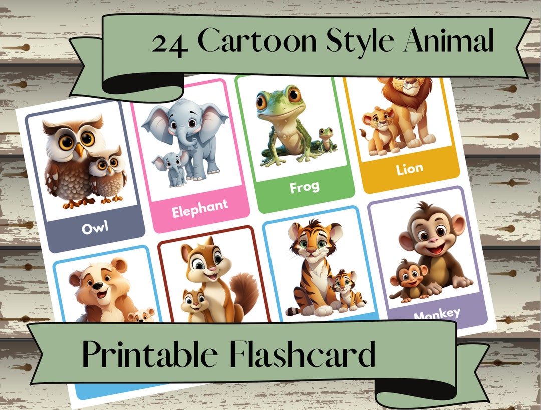 24 Cartoon Style Animal Printable Flashcard Flash Cards Nomenclature ...