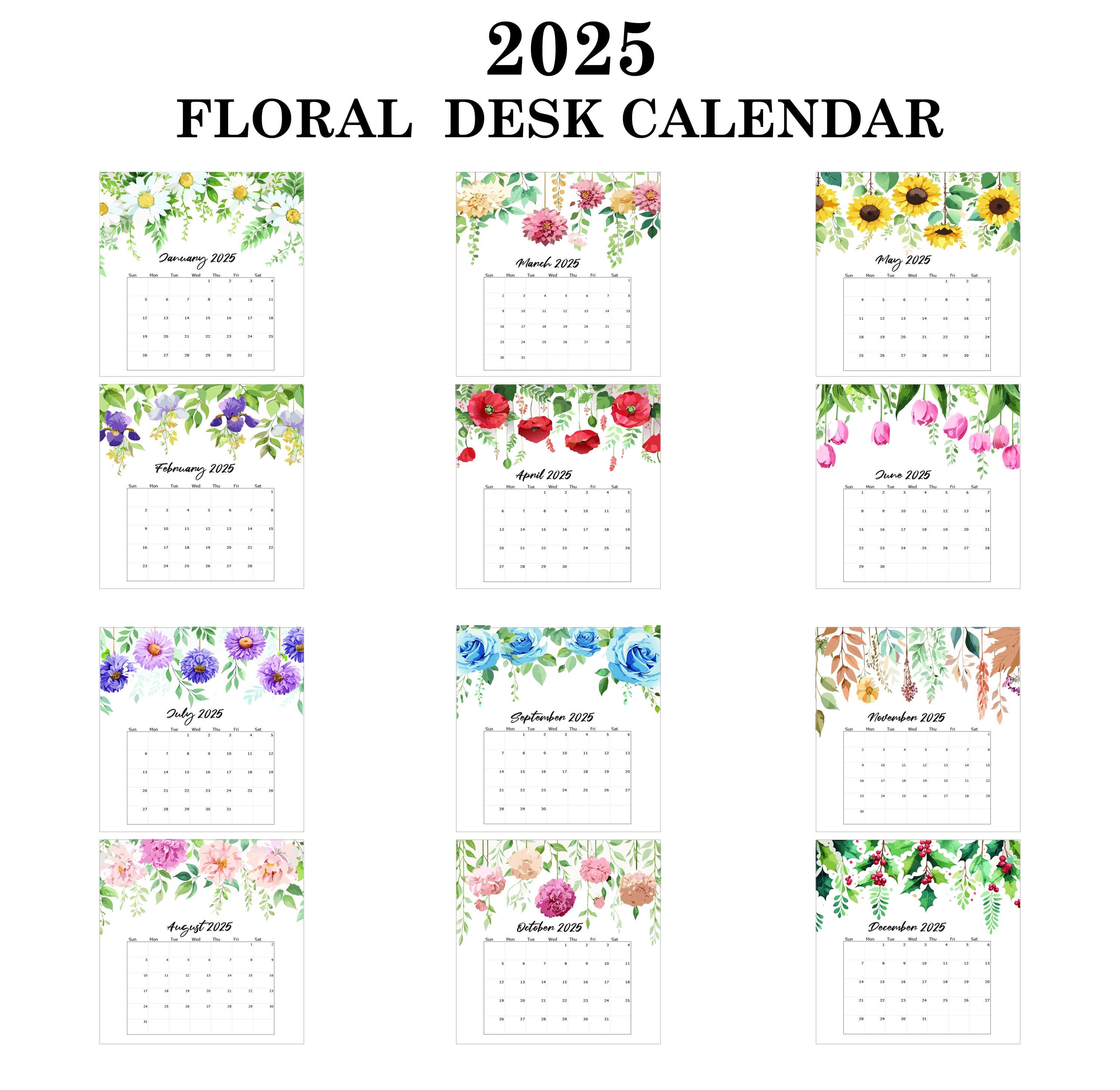 Printable Floral Desk Calendar 2025, Hanging Flowers Mini Desk Calendar ...