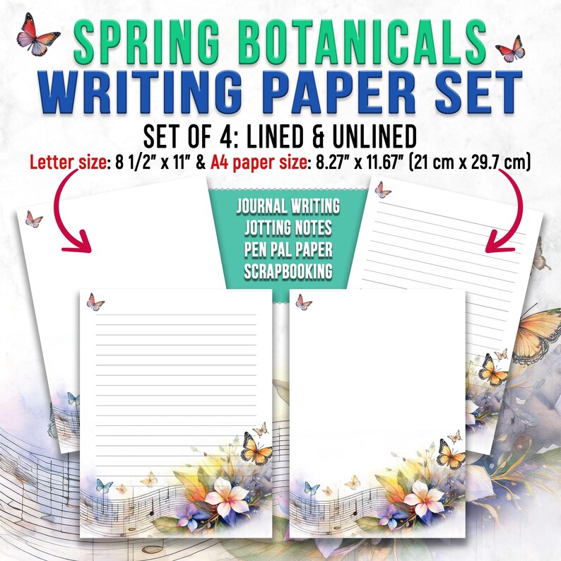 Writing Paper Set, Journal Writing Paper, 8.5x11, A4 Paper, Printable ...