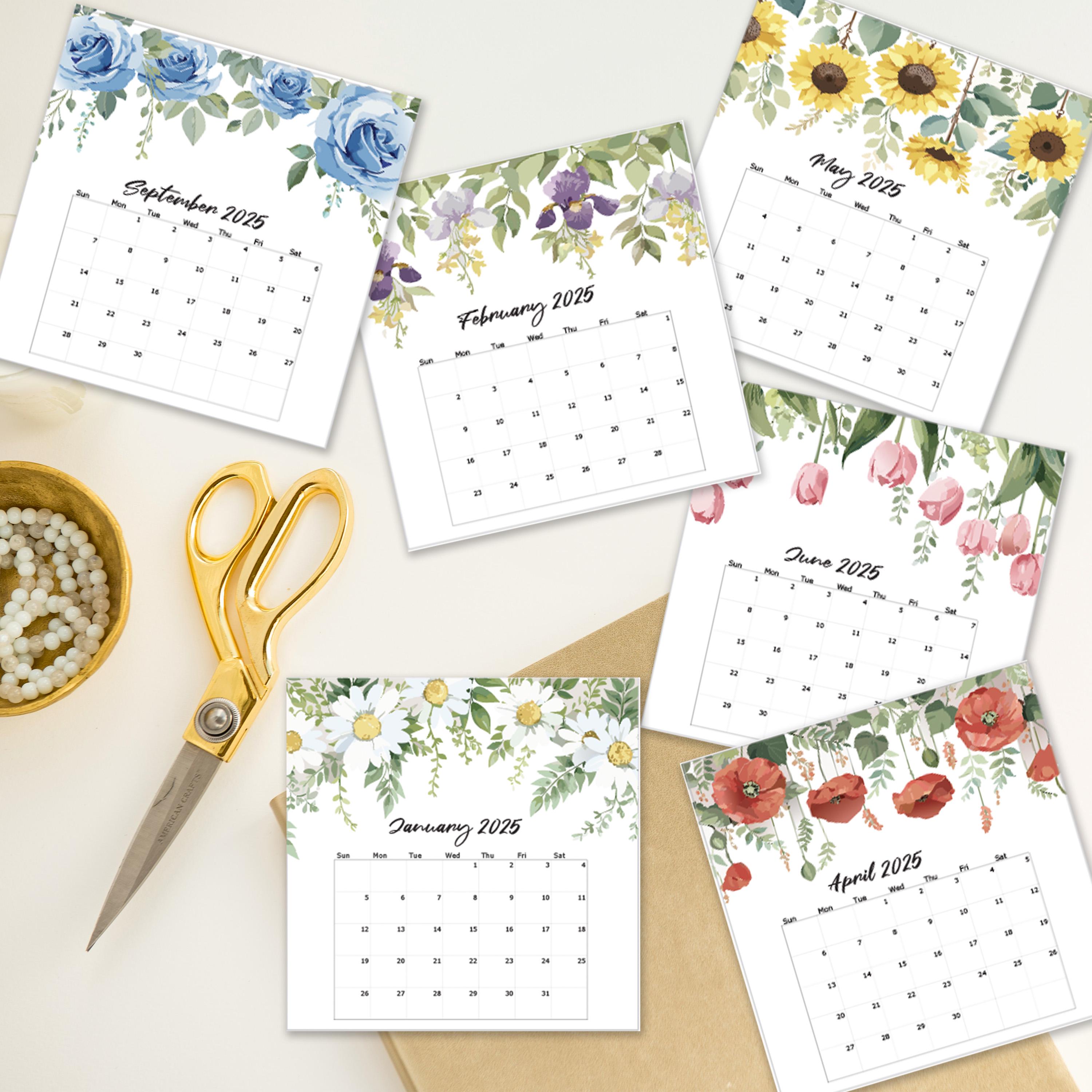 Printable Floral Desk Calendar 2025, Hanging Flowers Mini Desk Calendar ...