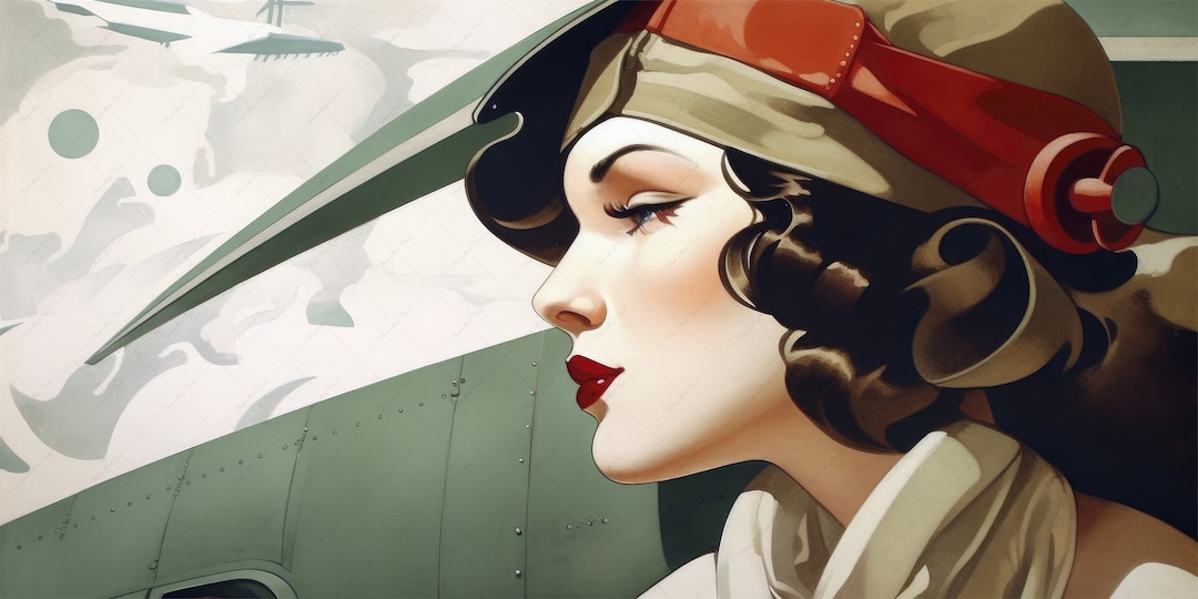 Bomber Girl Art Deco Poster Retro Aviation Poster Female Pilot Artwork ...