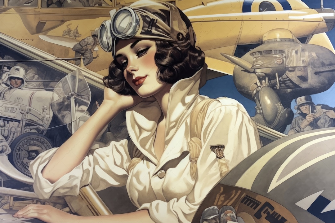 Bomber Girl Art Deco Poster - Retro Aviation Poster Female Pilot ...