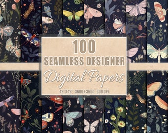 Blue Floral Digital Paper, Butterfly Printable Background, Script Junk ...