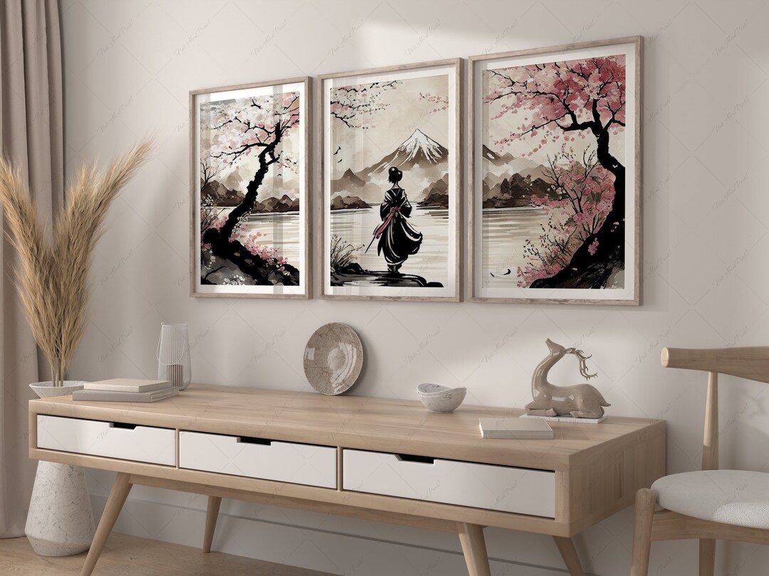 Set of 3 Far East Cherry Blossom, Geisha Paintings, Pastel Sumi-e ...