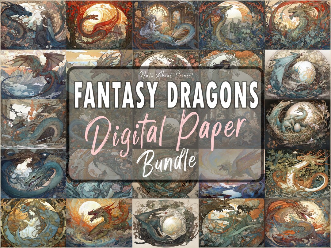 Fantasy Dragons - Digital Paper BUNDLE, Dragon Journal, Printable ...