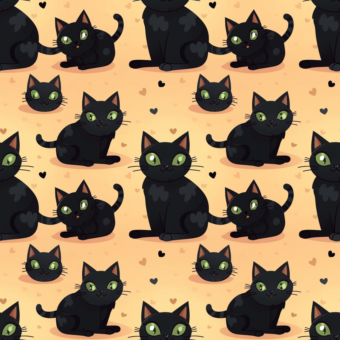 Cute Black Kittens With Hearts, Pattern Tile Black Cats, Repeating ...