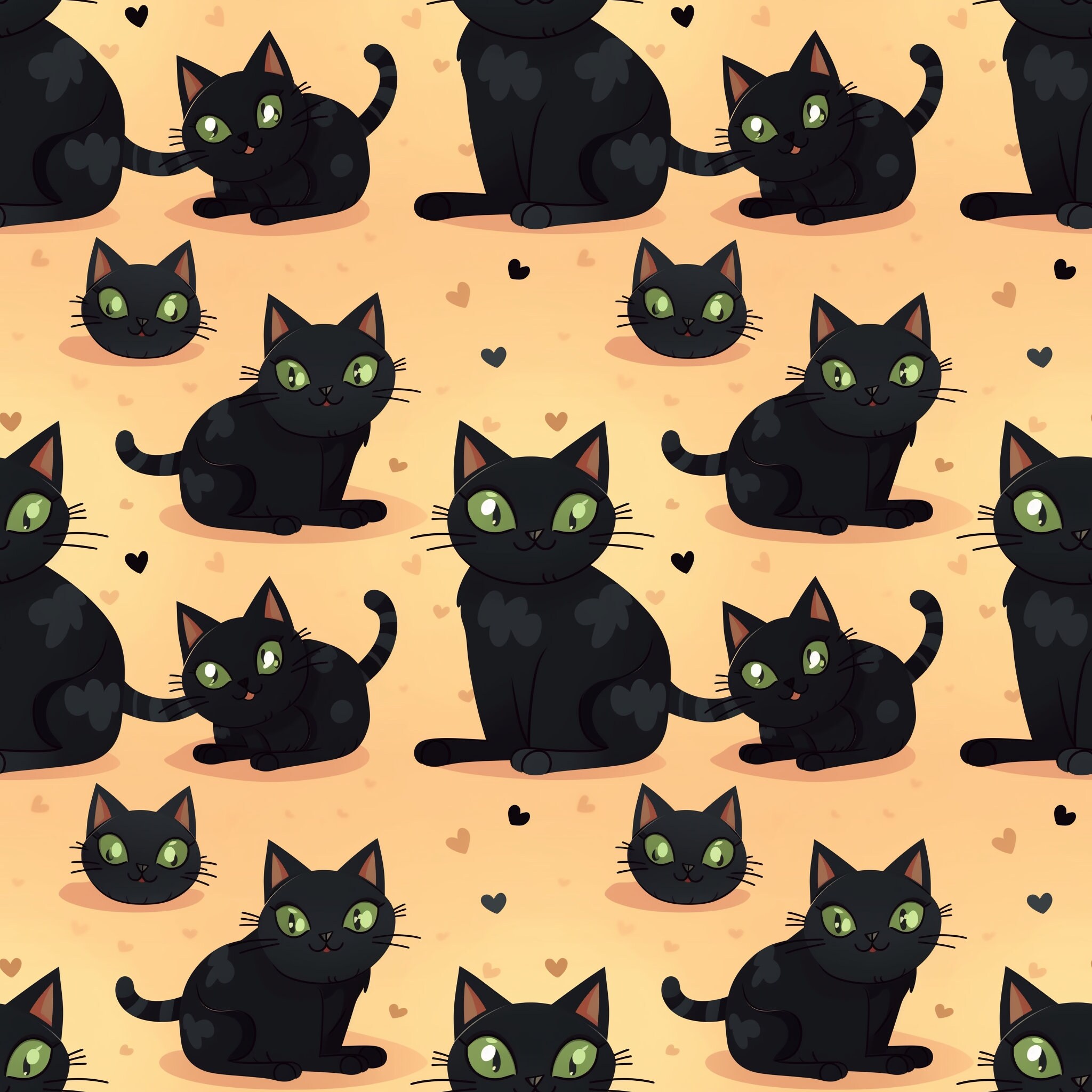Cute Black Kittens With Hearts, Pattern Tile Black Cats, Repeating ...