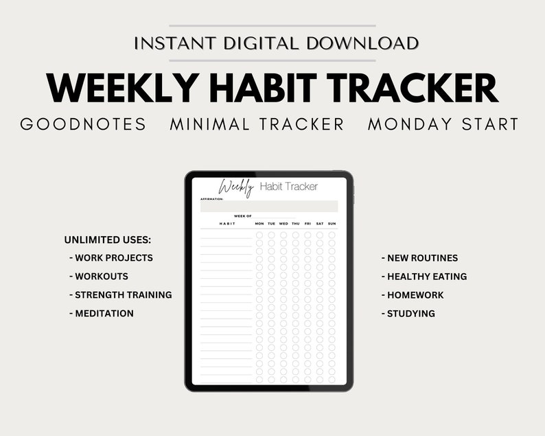 Weekly Habit Tracker, Habit Checklist Tracker Goodnotes, Goal Tracker ...