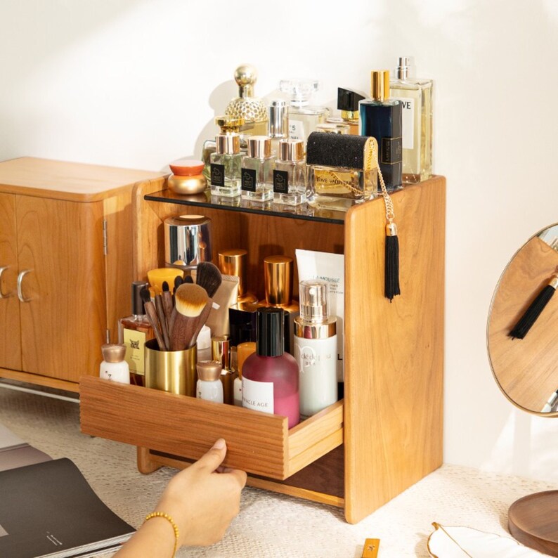 Solid Cherry Wood Makeup Organizer Box, Makeup Organizer for Vanity ...