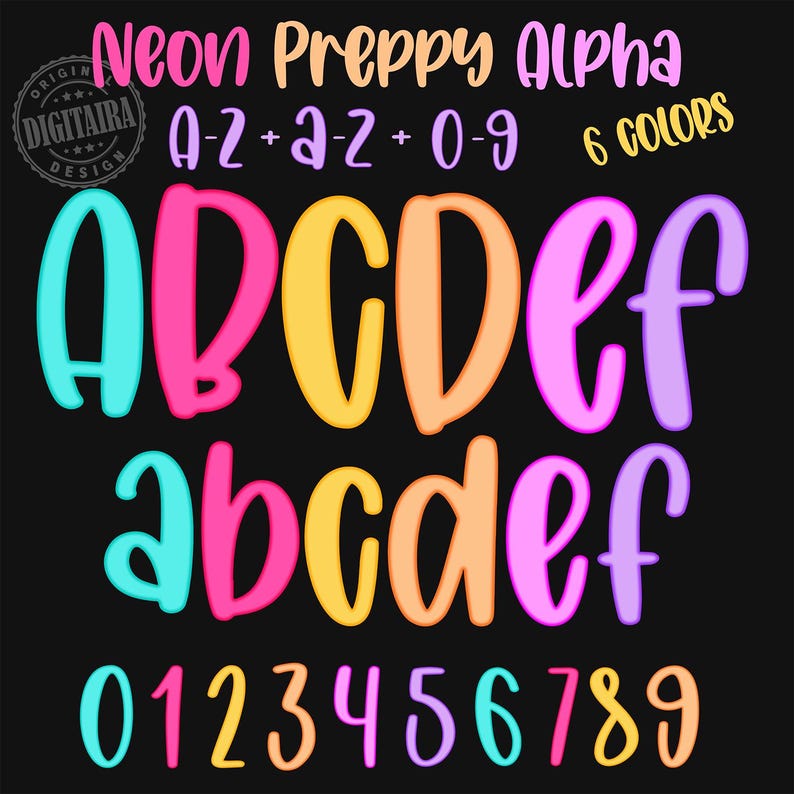 Preppy Letters and Numbers PNG Bundle, Neon Letters Bundle,bright ...